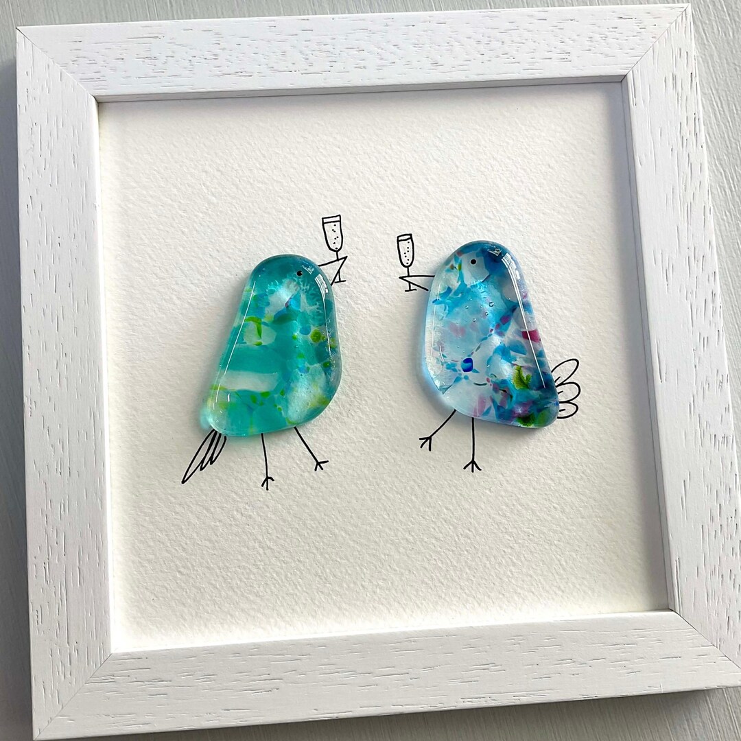 Glass Bird Wall Art - Framed Fused Glass Pebble People Picture Handmade ...