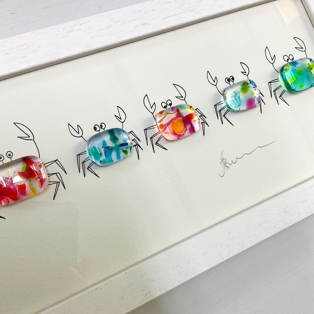 Nipper Line up - Framed Fused Glass Cornish Crab Nippers Coastal Pebble ...