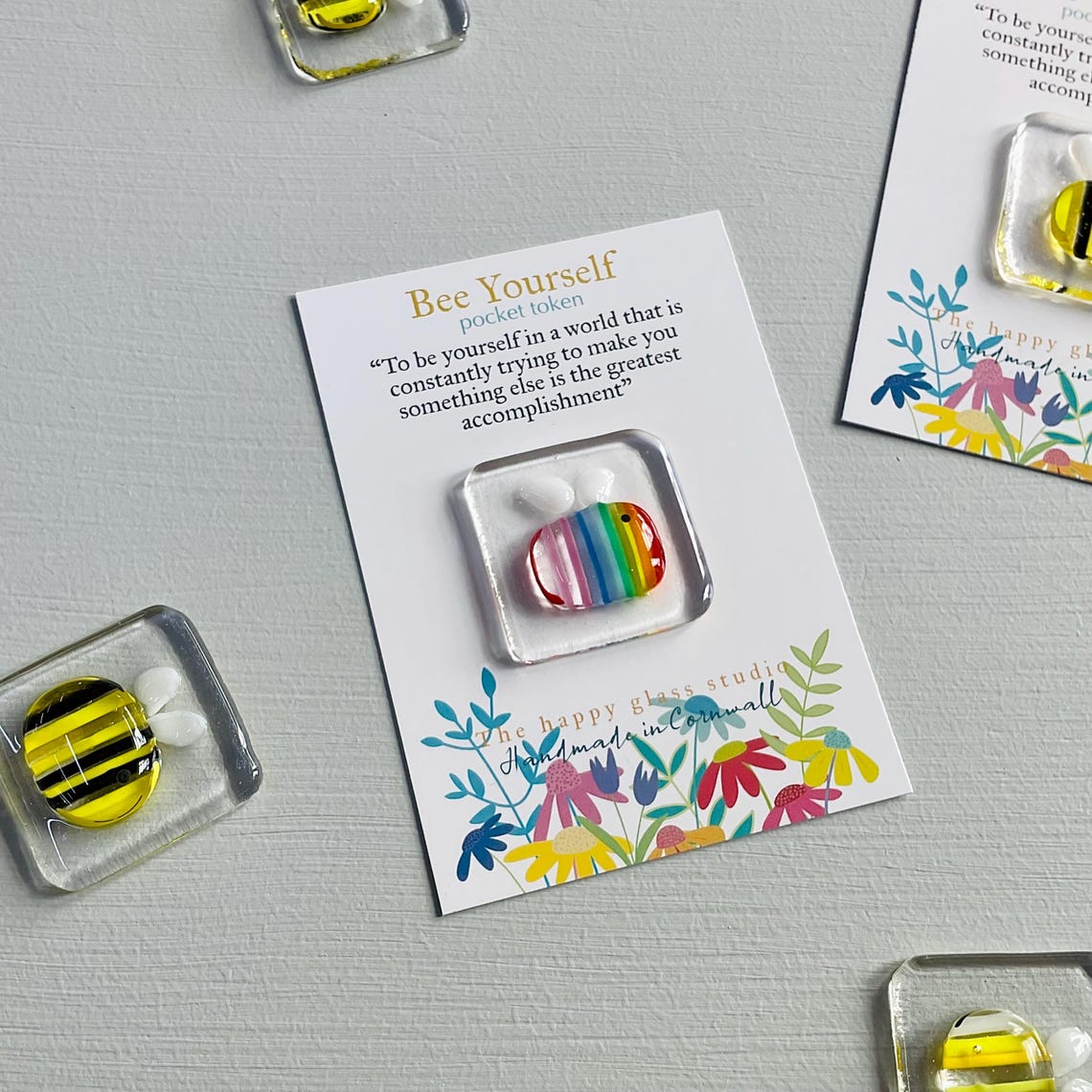 Glass Bee Pocket Token - Fused Glass Heart Token Handmade in Cornwall ...