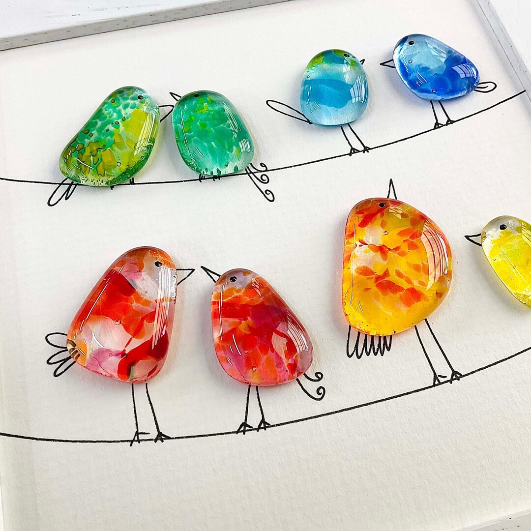 Glass Bird Wall Art - Framed Fused Glass Pebble Picture Handmade in ...