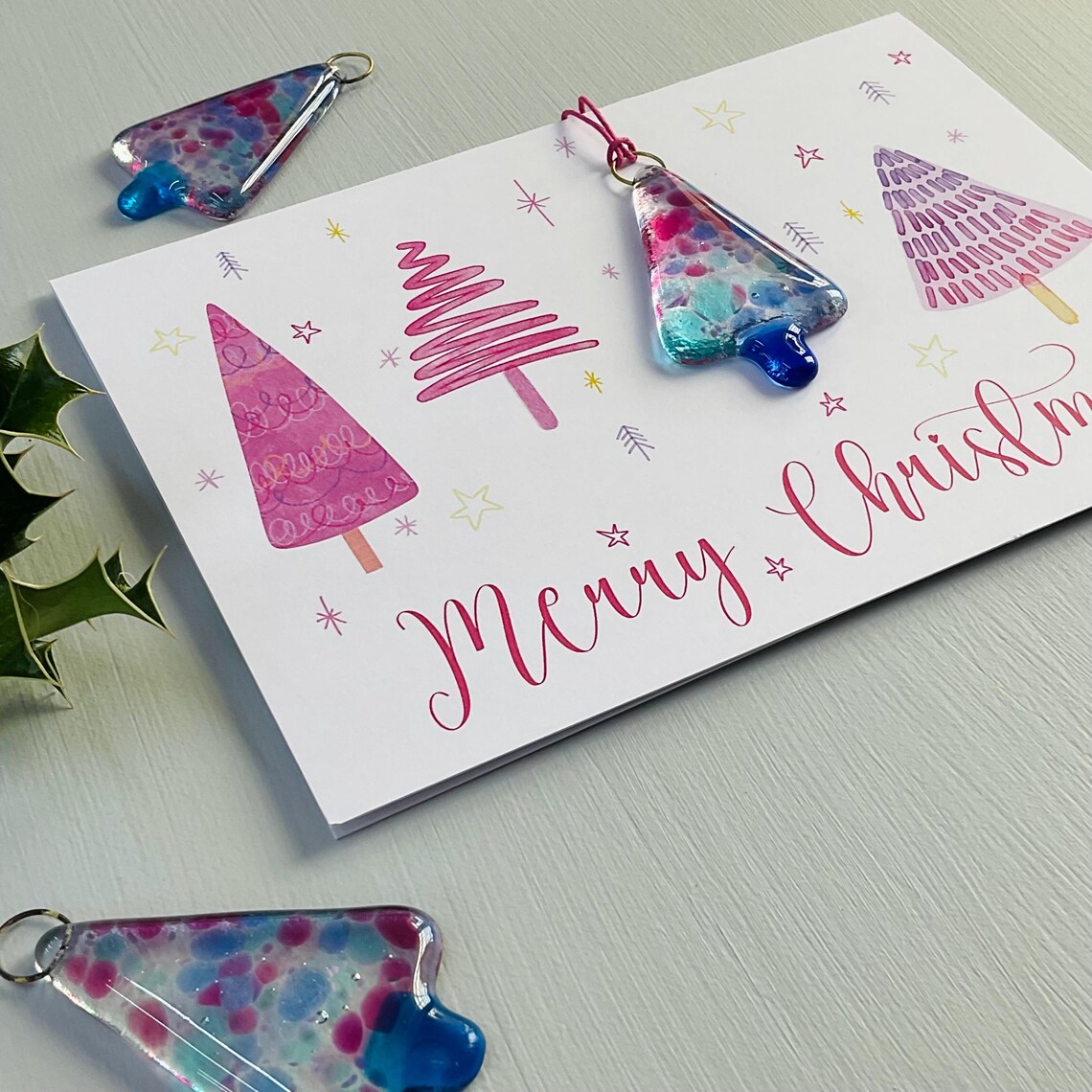 Glass Christmas Card - Fused Glass Detachable Pink and Blue Hanging ...