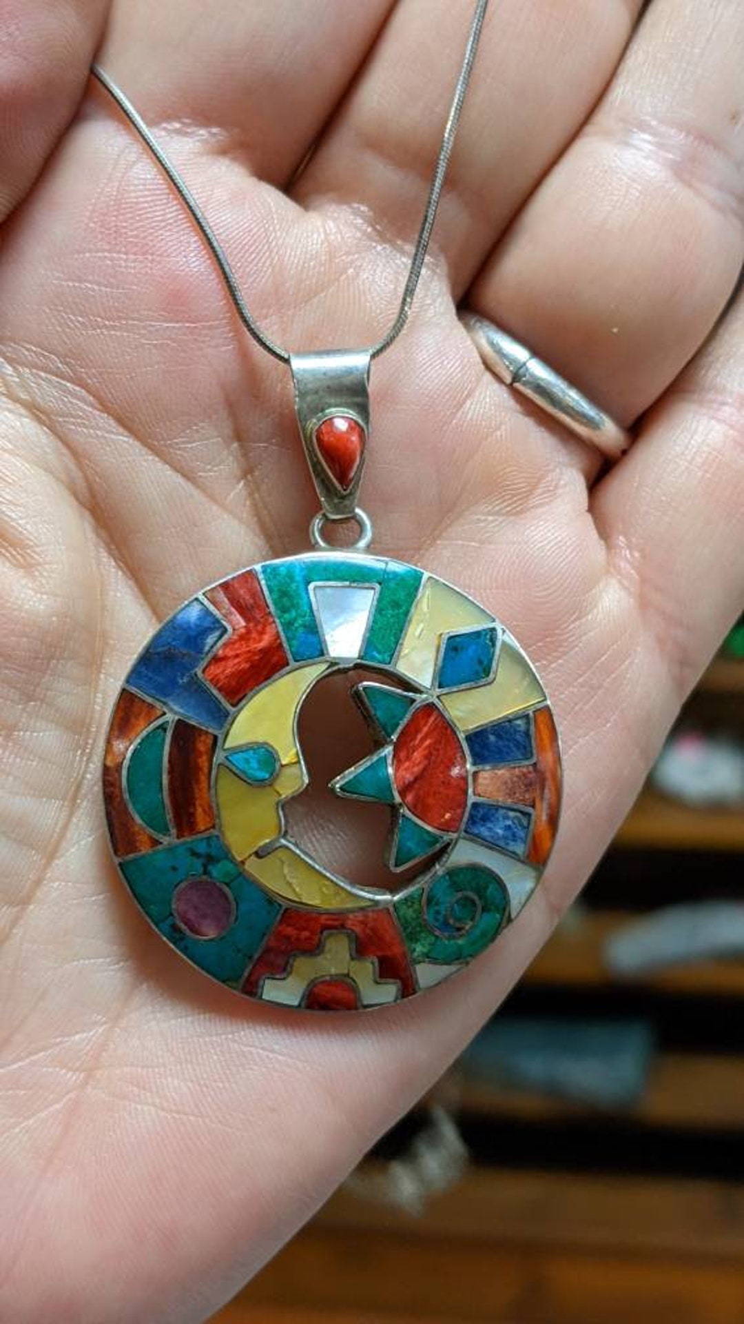 Stone Inlay Sun and Moon Sterling Silver Necklace - Etsy