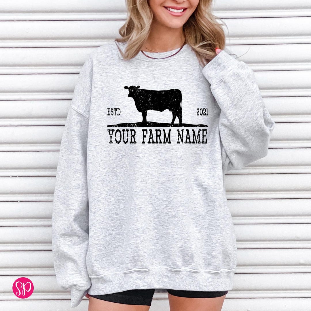 Custom Farm Name With Cow Sweater: Personalized Farming Sweatshirt for ...
