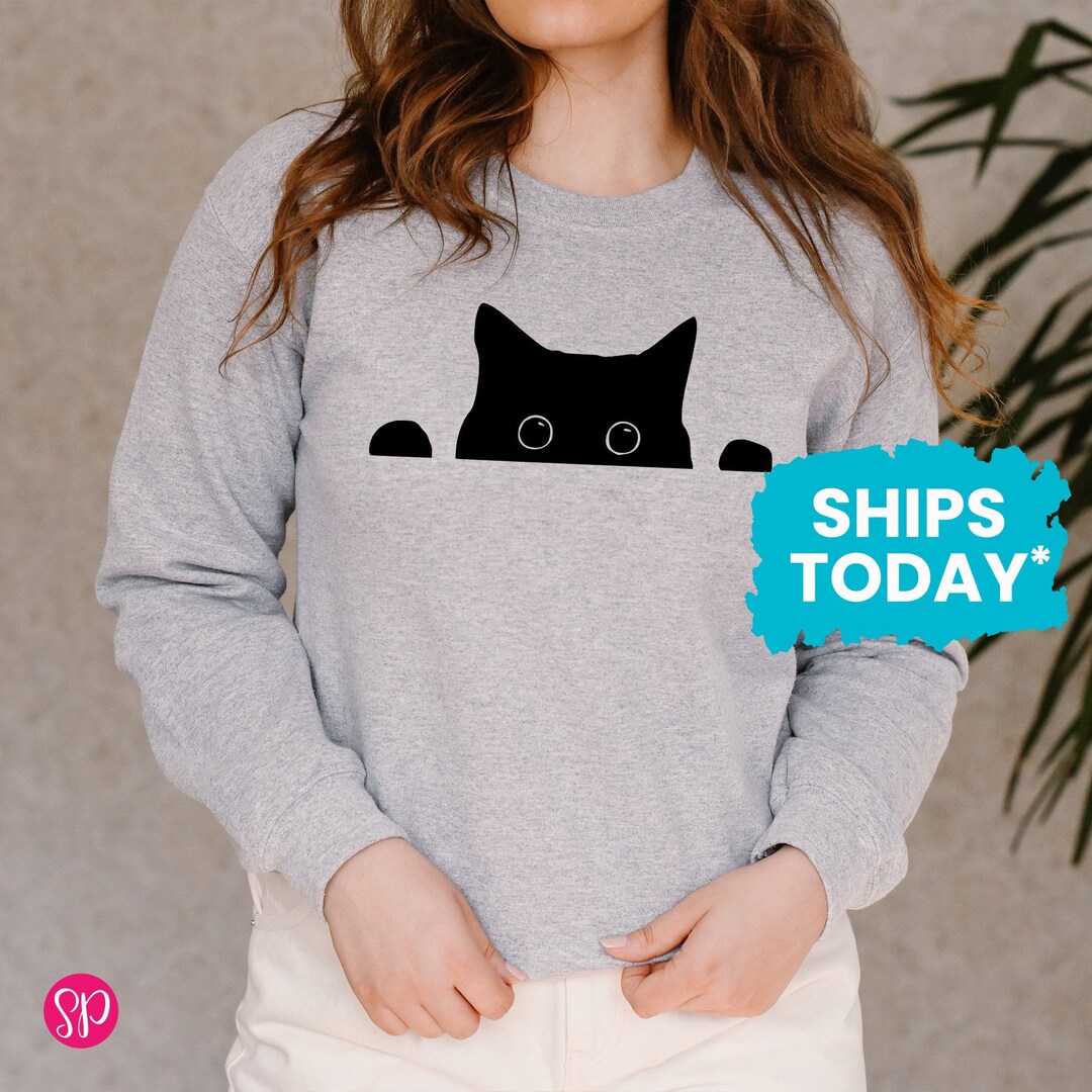 Cat Animal Lover Sweater, Peeking Black Cat Women's Sweatshirt ...