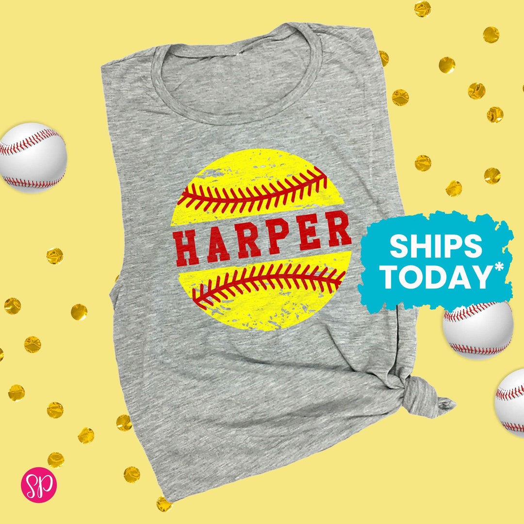 Distressed Softball With Custom Name Tank, Softball Muscle Tank for ...