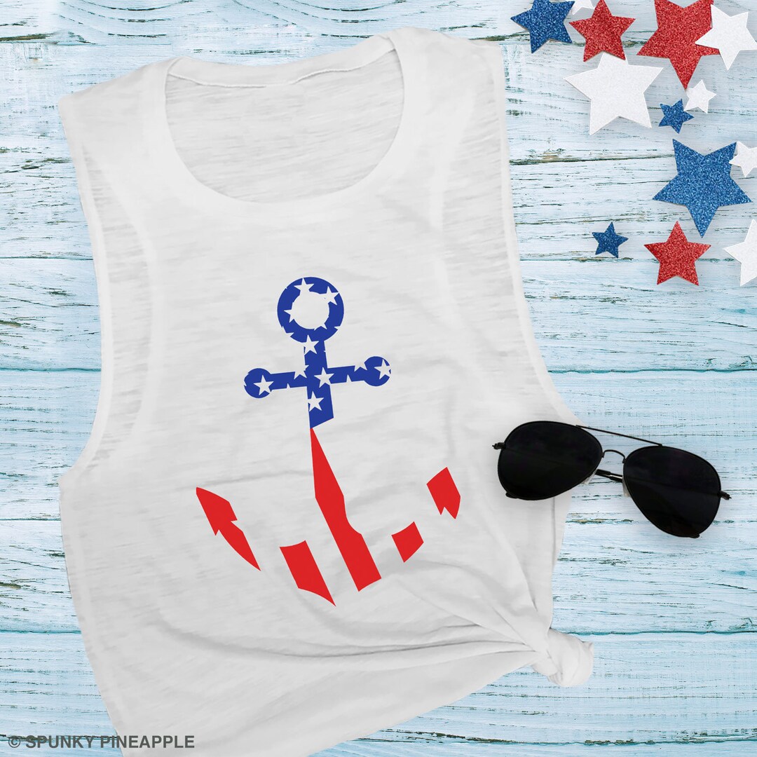 4th of July Nautical Tank for Women, USA Flag Anchor Womens Muscle Tee ...