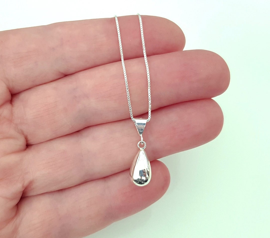 Sterling Silver Box Chain With Teardrop Pendant Necklace, Puffy ...