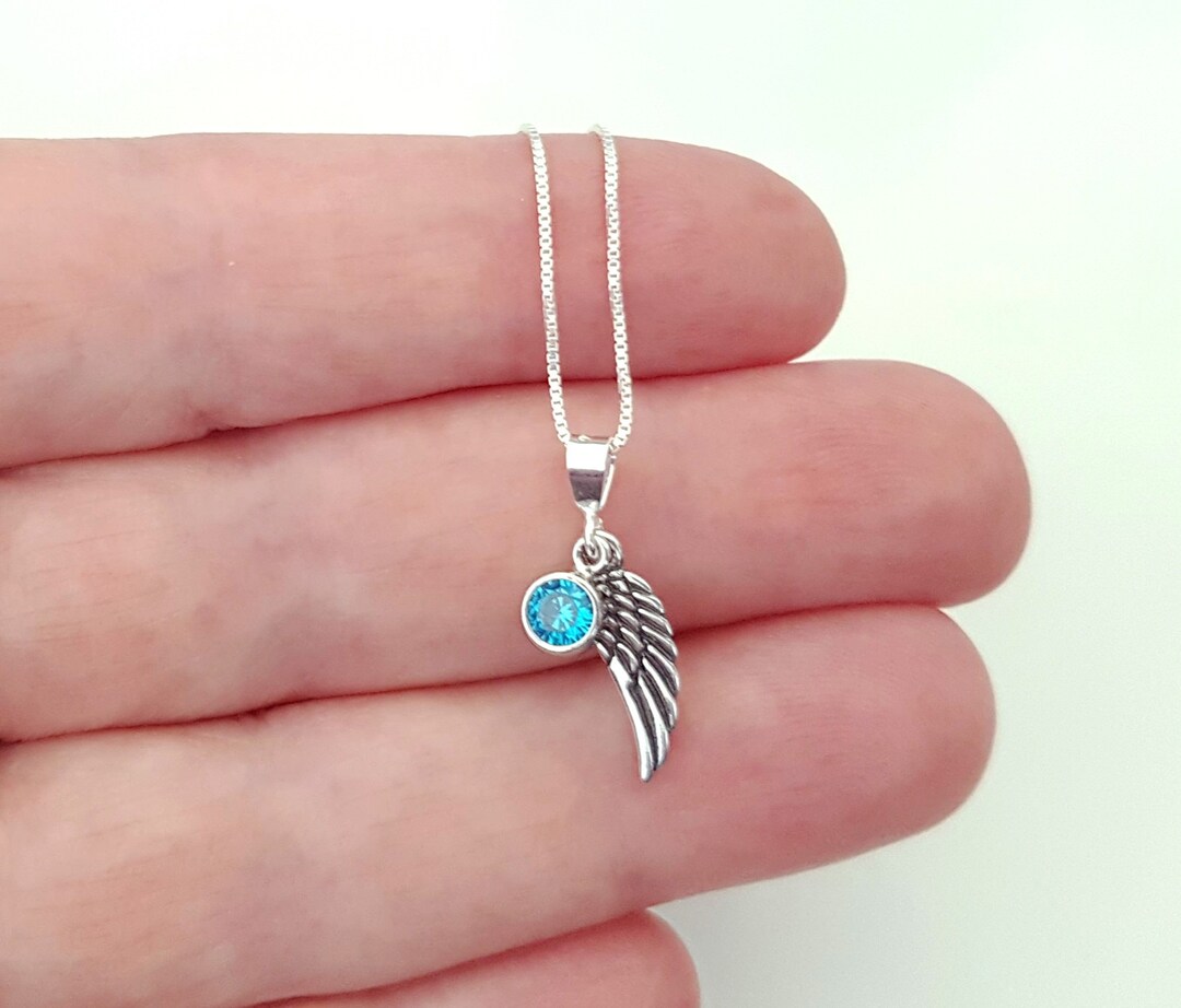 Angel Wing With Blue CZ Charm Necklace, Sterling Silver Double Charm ...