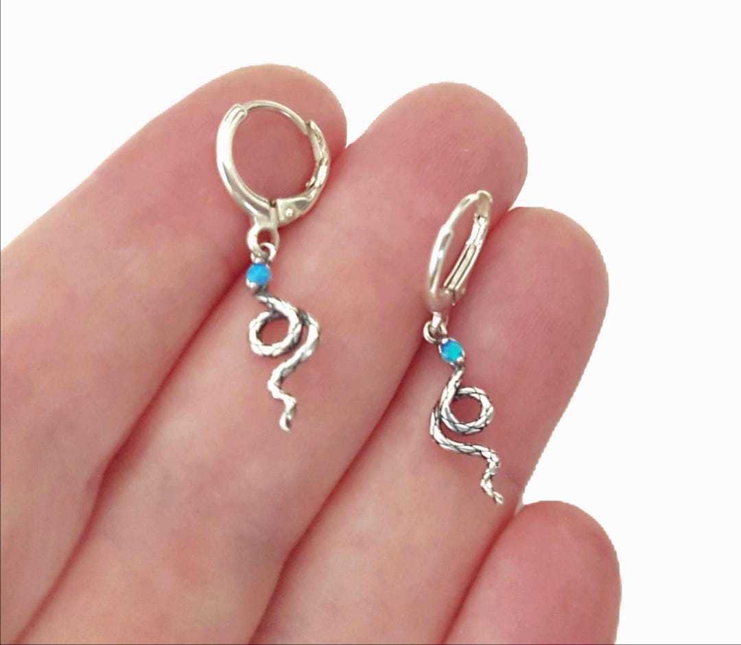 Sterling Silver Snake Hoop Earrings, Dainty Small Hoops With Blue Opal ...