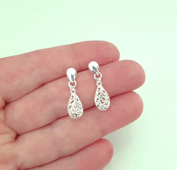 Sterling Silver Filigree Teardrop Earrings Dainty Elegant Teardrop Dangle Earrings Bridal Party Wedding Jewelry Etsy