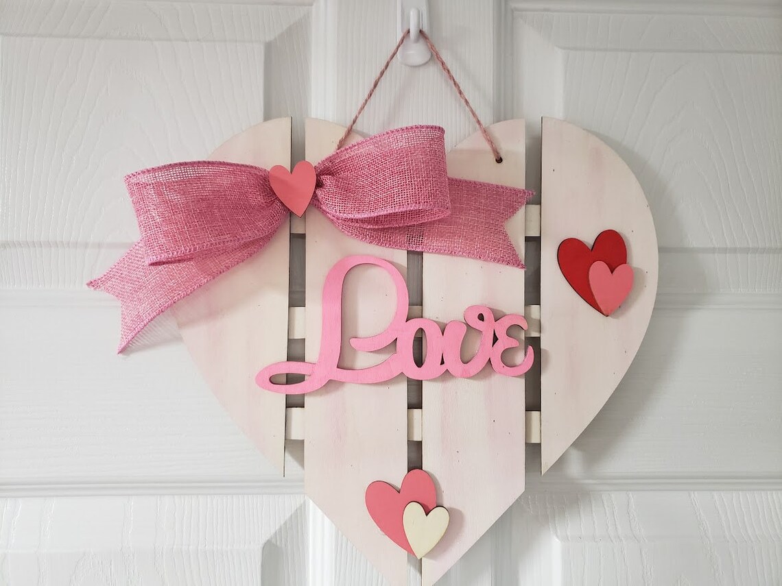Love Themed White/light Pink Washed Fence Slat Heart With Burlap Bow - Etsy
