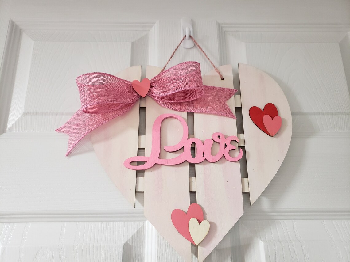 Love Themed White/light Pink Washed Fence Slat Heart With Burlap Bow - Etsy