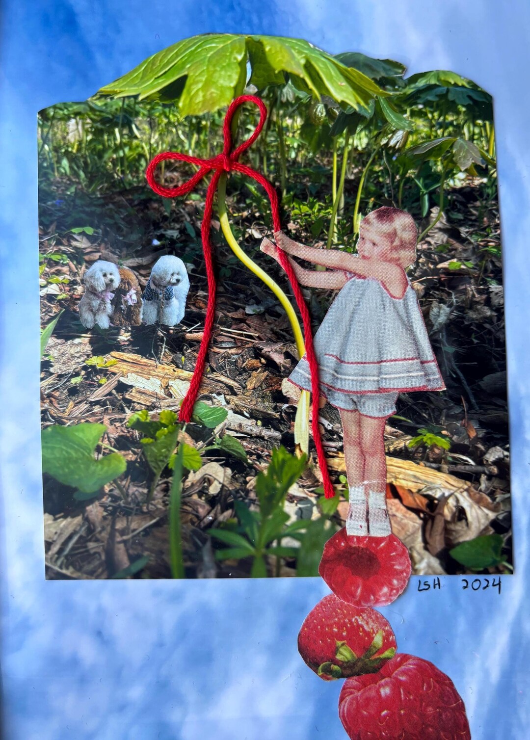 Red String Collage Art | Girl, Puppies, Berries, Framed (5x7) - Etsy