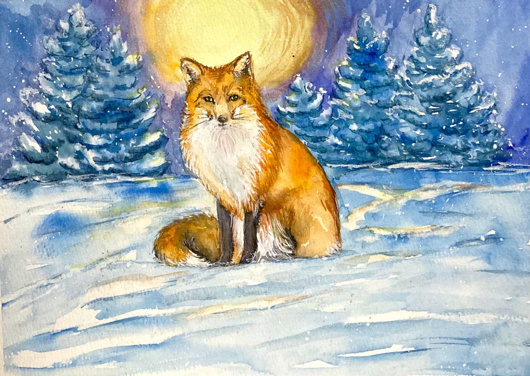 Fox Winter Forest Watercolor Original Painting Fox Illustration - Etsy
