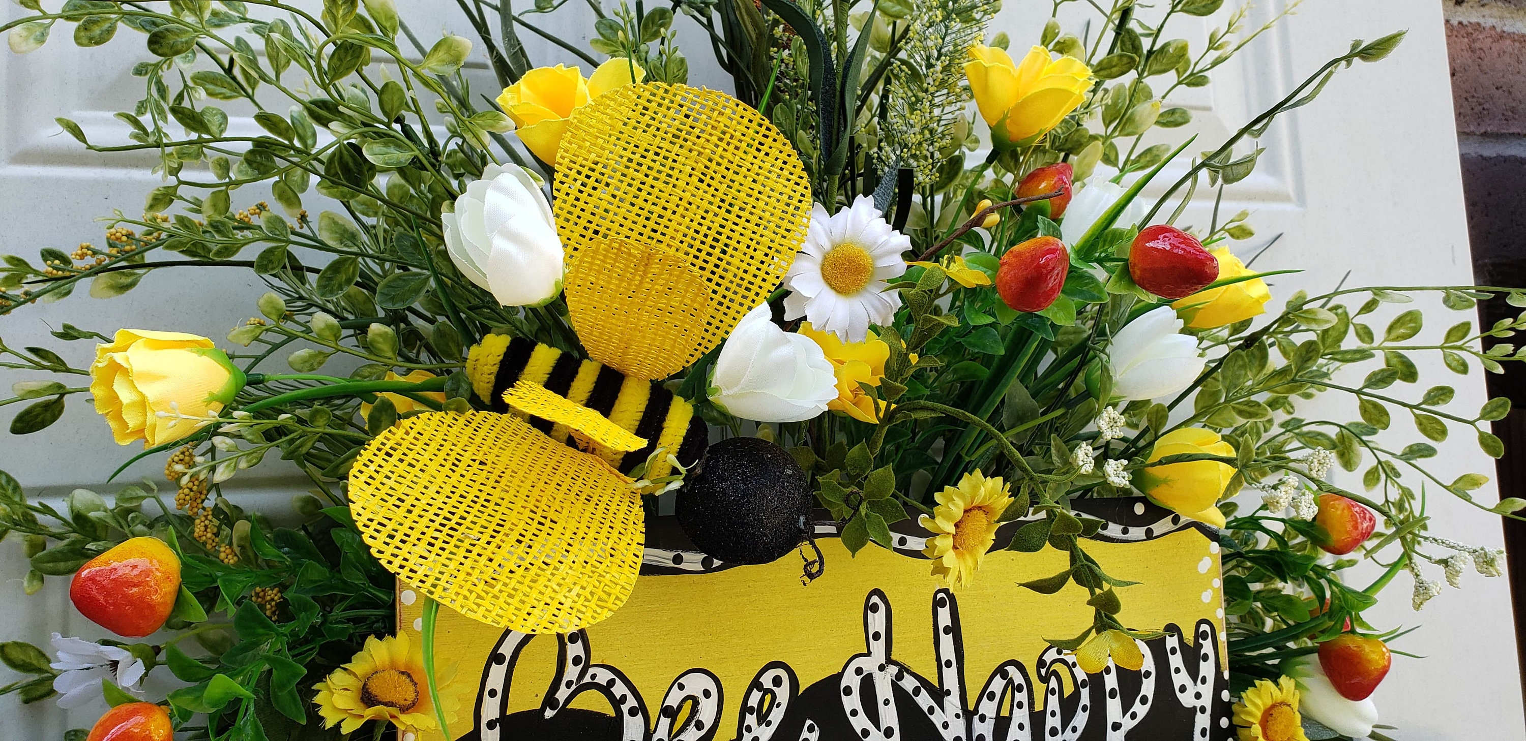 Bee Happy Floral Door Wreath Bumblebee Decor Spring Wreath | Etsy