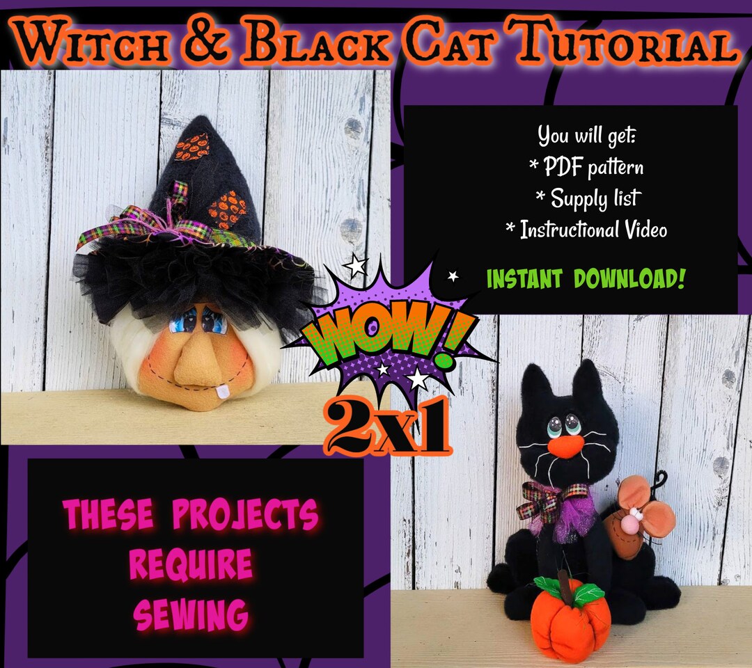 Halloween Witch & Black Cat Tutorial, Witch Head Tutorial, Doll Making ...