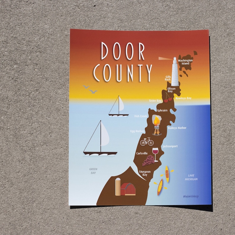 Door County Peninsula Collage 8x10 Print | Door County Wisconsin Map - Etsy