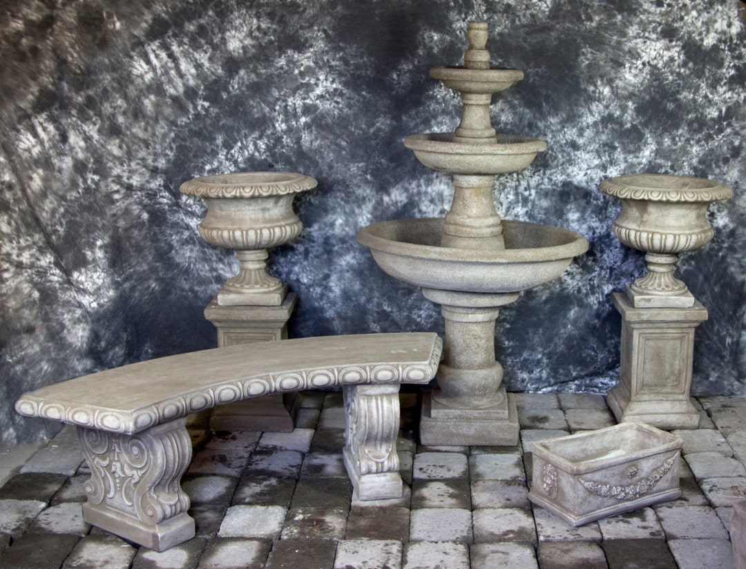 Three Tier Renaissance Fountain W/classic Curved Bench Package Cement ...