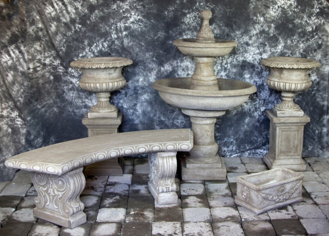 Ravello Two-tier Concrete Fountain With Curved Bench & Urns - Etsy