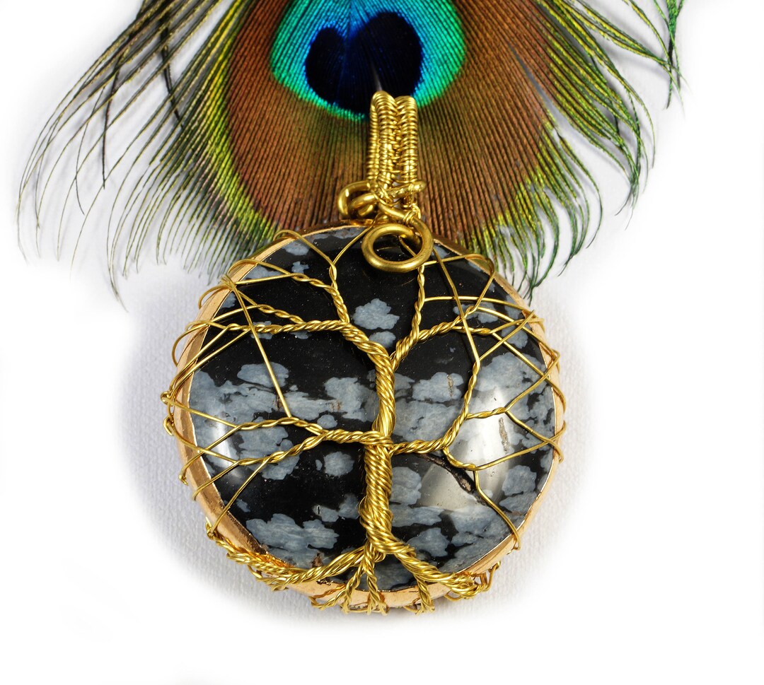 Black White Obsidian Tree of Life Brass Pendant, Jewelry Healing ...