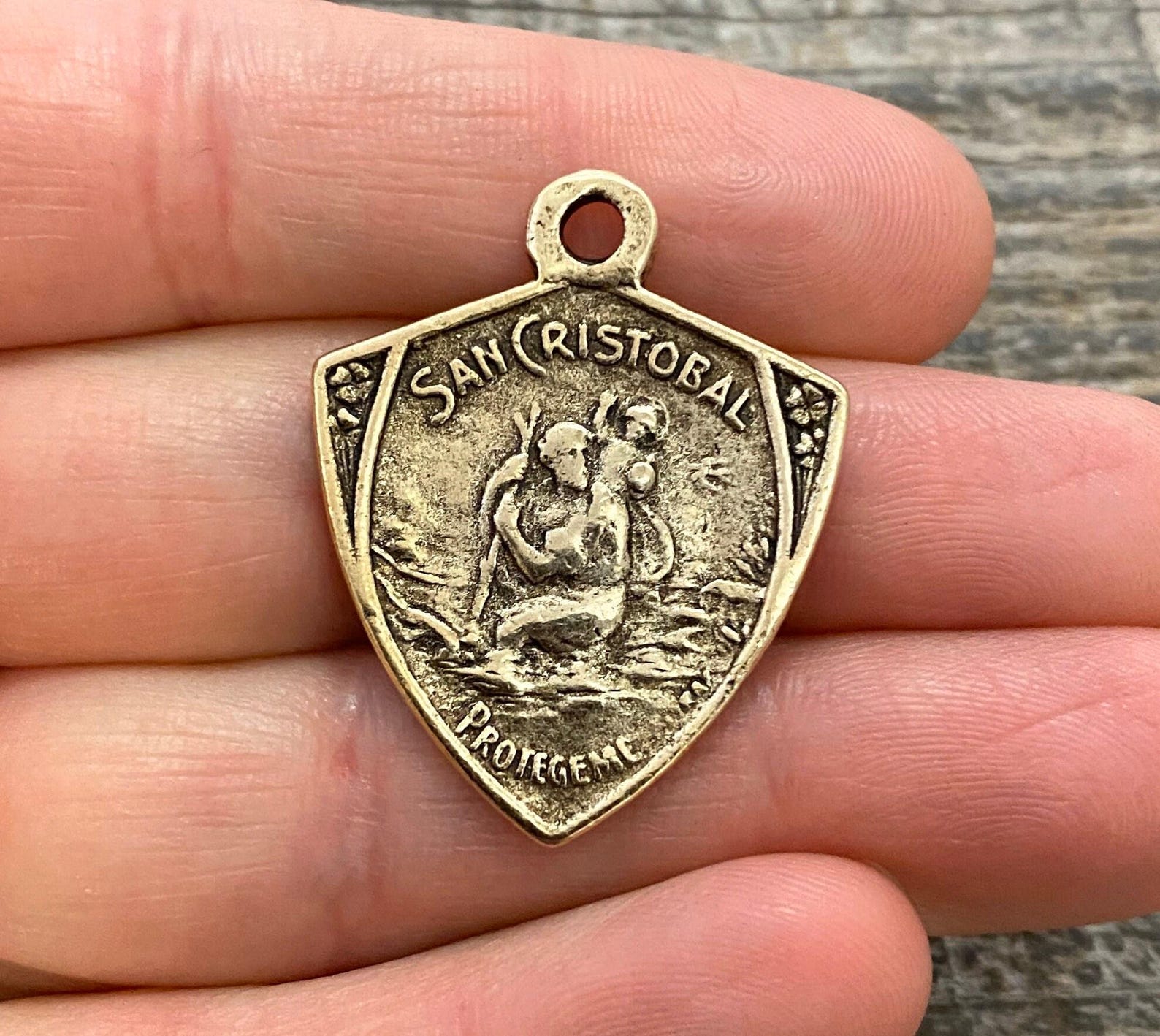 St. Christopher, Catholic Medal, Antiqued Gold Pendant, Triangle ...