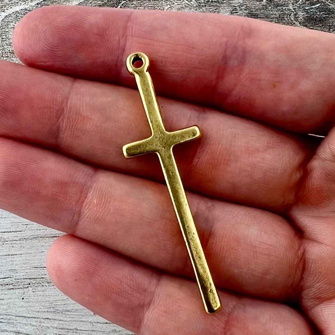 Cross Pendant, Gold Skinny Stick Cross, Modern Thin Artisan Charm ...