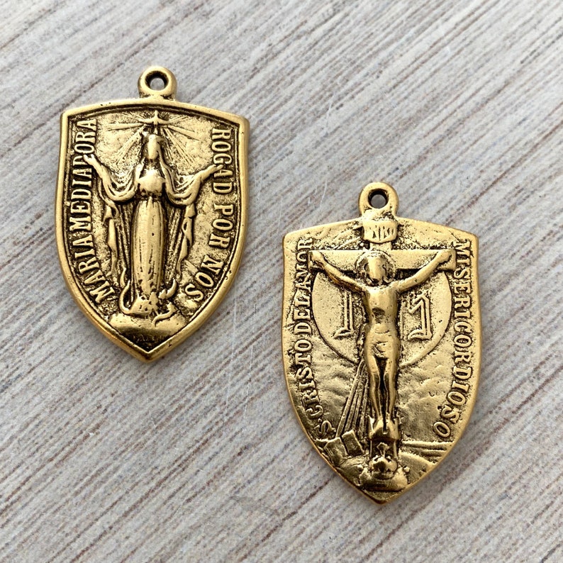 Virgin Mary Medal Cross Pendant Crucifix Shield Antiqued - Etsy
