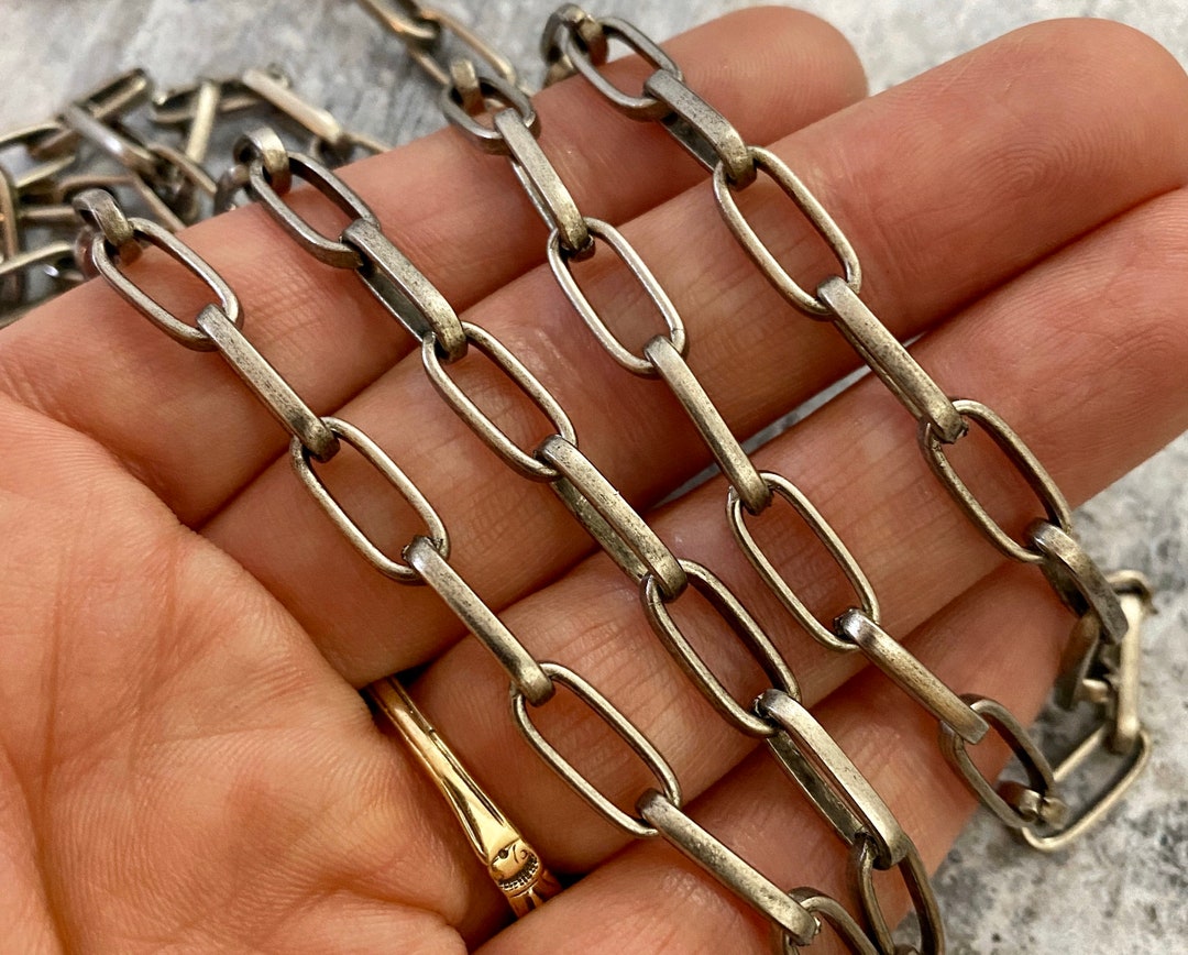 Large Silver Chain, Flat Link Rectangle Antiqued Silver Chain by the ...
