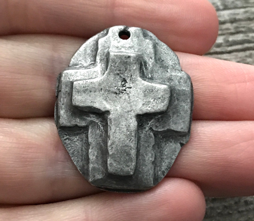 Hammered Artisan Oval Cross Pendant, Antiqued Silver Cross, Leather ...