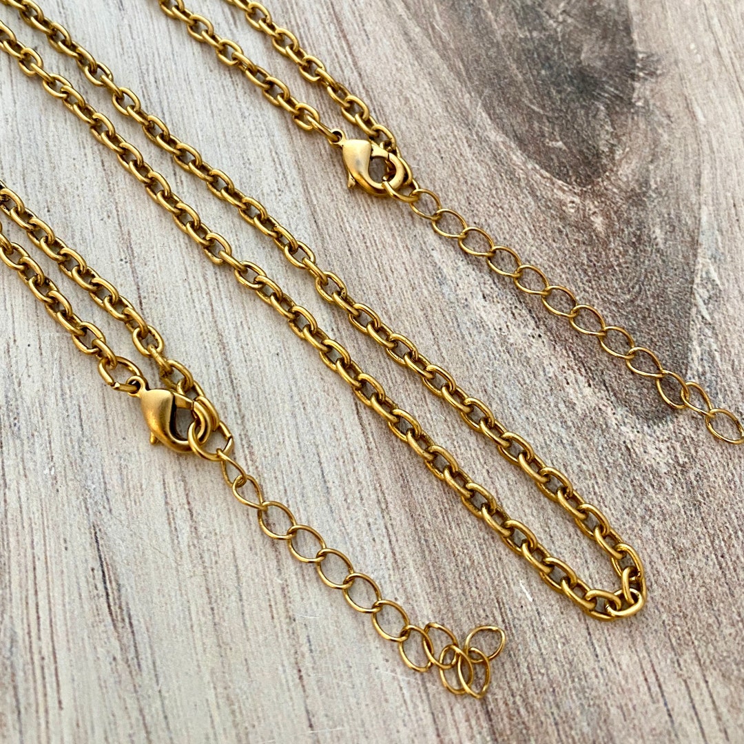 18 Inch Gold Chain Necklace With 2 Inch Extender, Cable Oval Chain ...