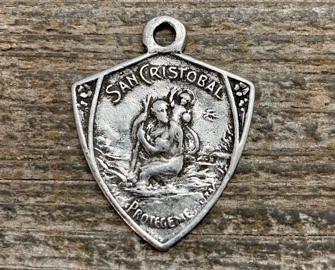 St. Christopher, Catholic Medal, Antiqued Silver Pendant, Triangle ...