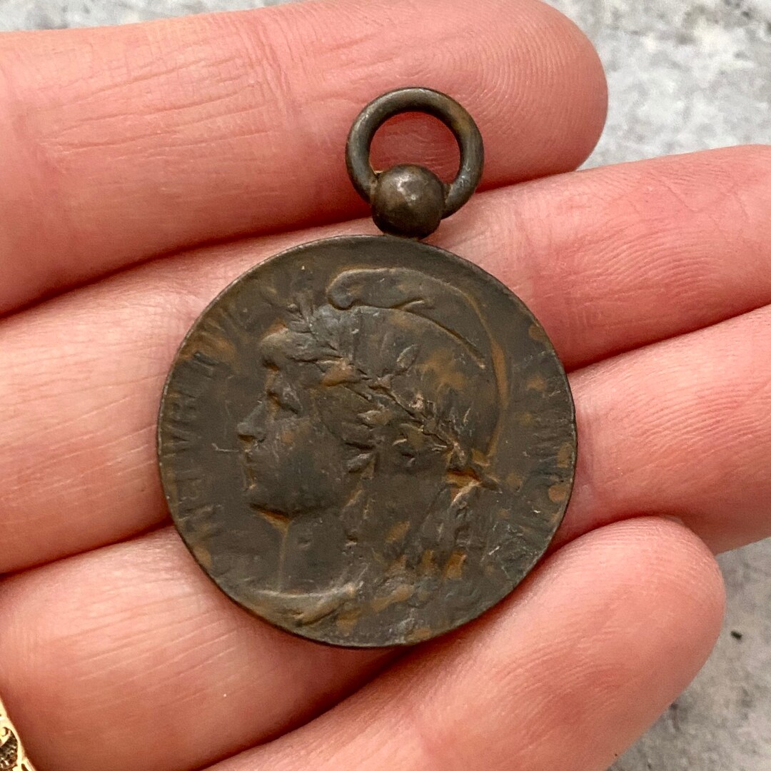Medium Old French Marianne Medal Replica, Antiqued Rustic Brown Charm ...