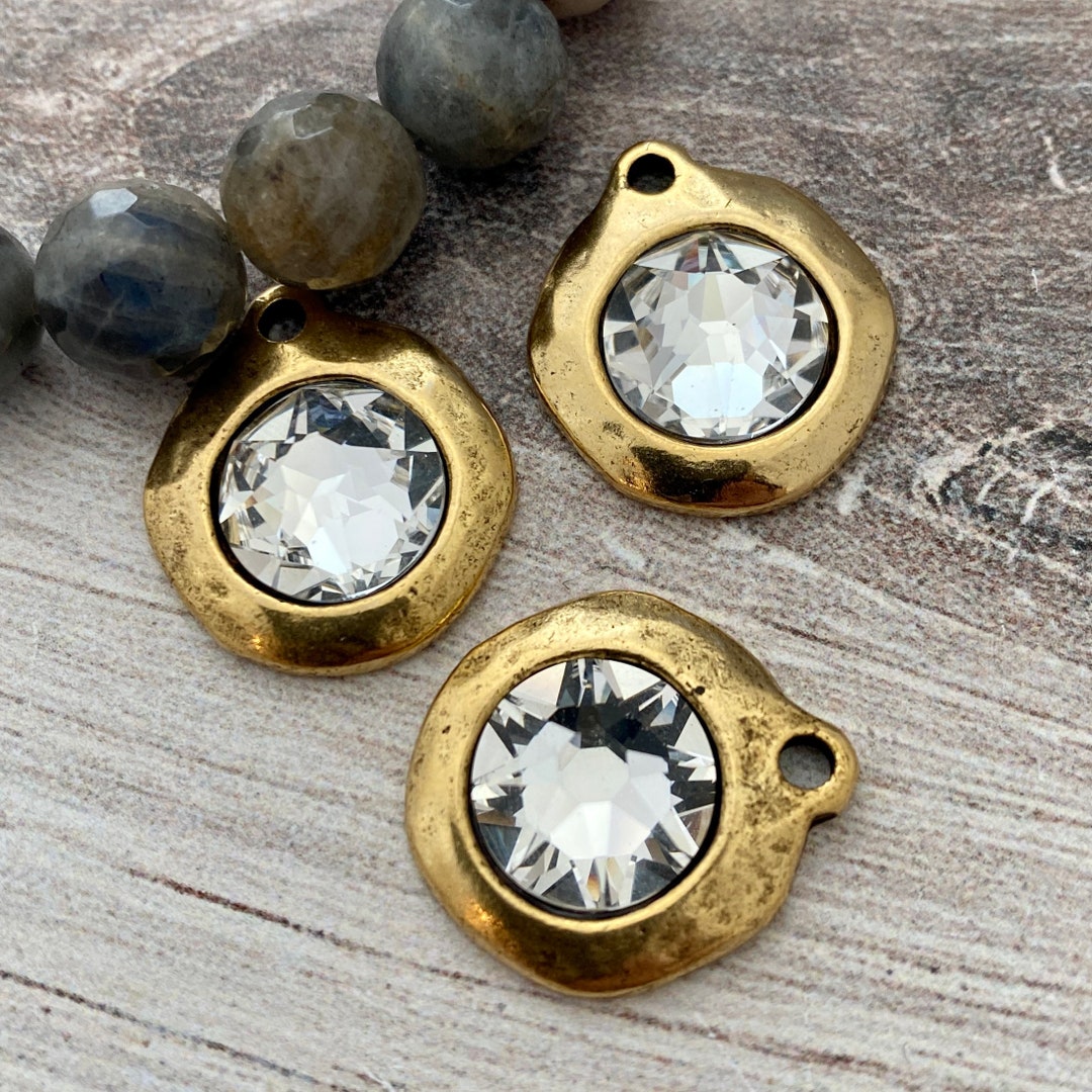 Extra Large Swarovski Crystal Clear Charm, Antiqued Gold Pendant ...