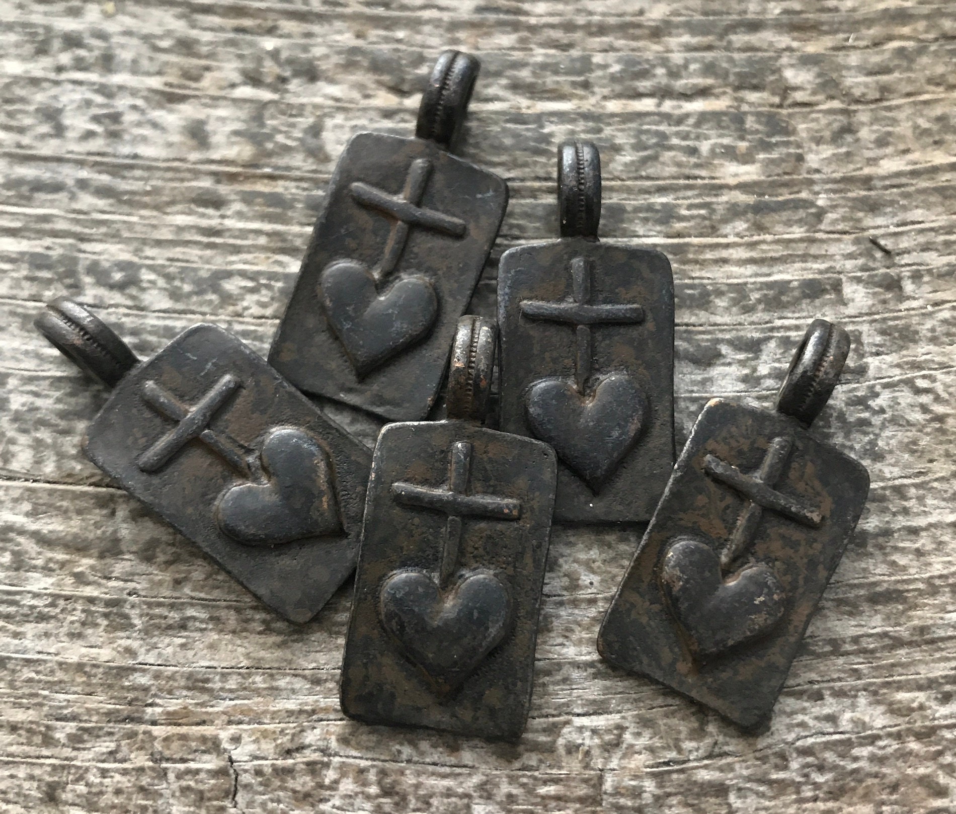 2 Heart Cross Rectangle Charm Antiqued Rustic Brown Heart - Etsy