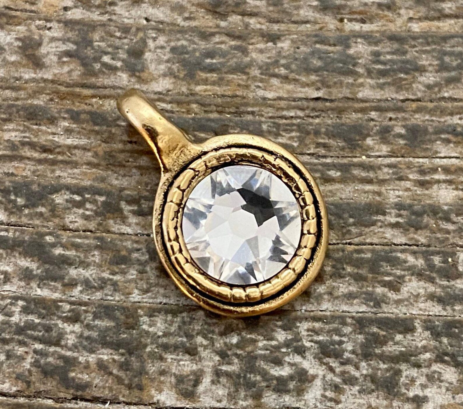 Large Swarovski Crystal Clear Charm, Antiqued Gold Pendant, Jewelry ...