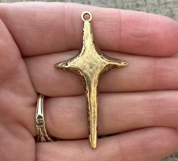 Skinny Star Cross Pendant Charm Antiqued Gold Cross for | Etsy