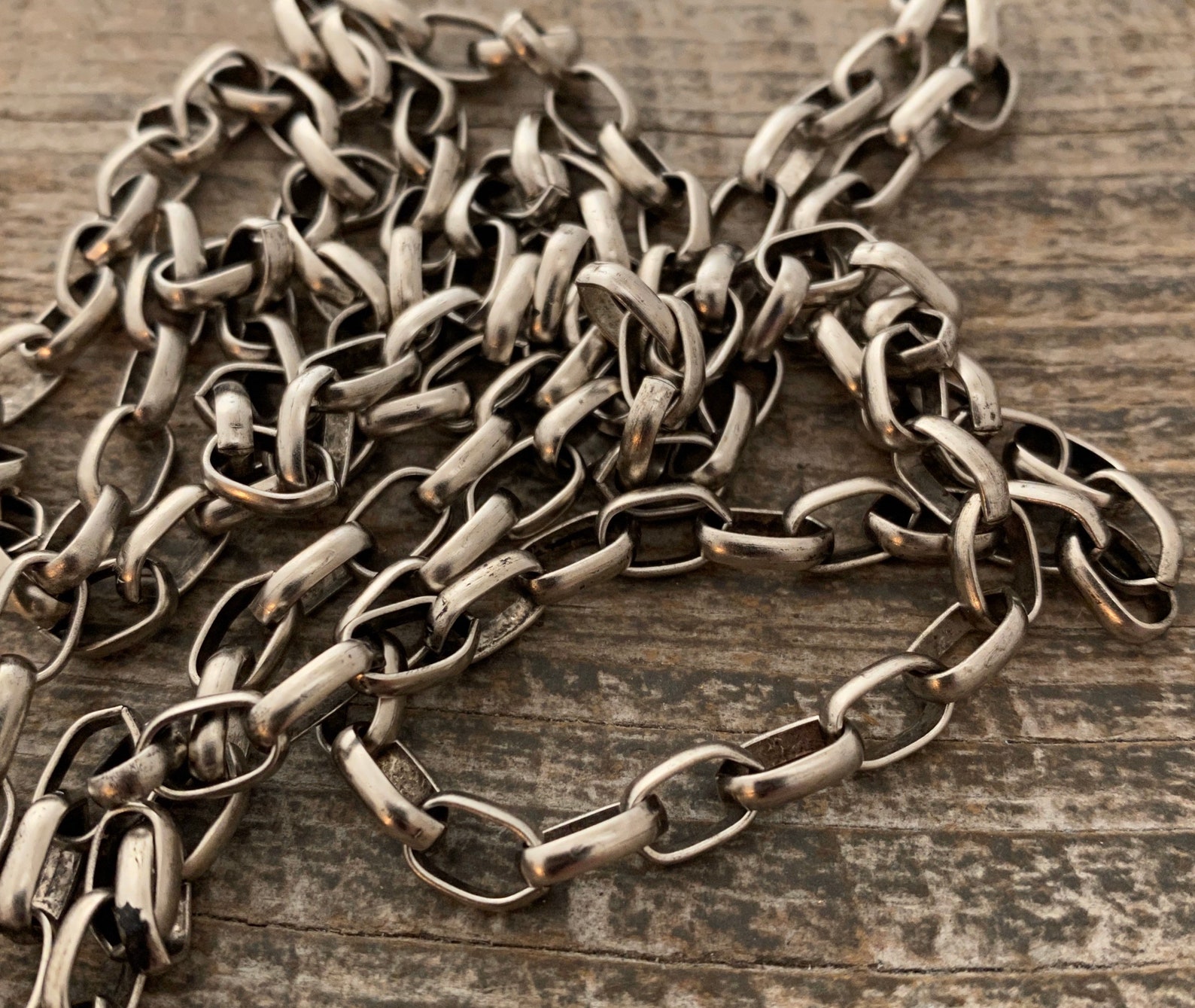 Large Silver Chain Flat Rounded Link Rectangle Antiqued | Etsy