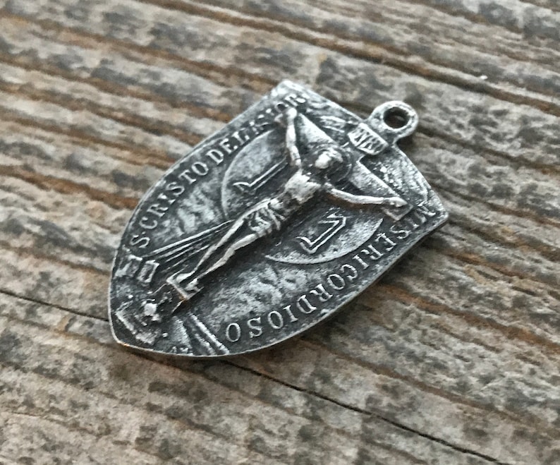Virgin Mary Medal, Cross Pendant, Crucifix Shield, Antiqued Oxidized ...