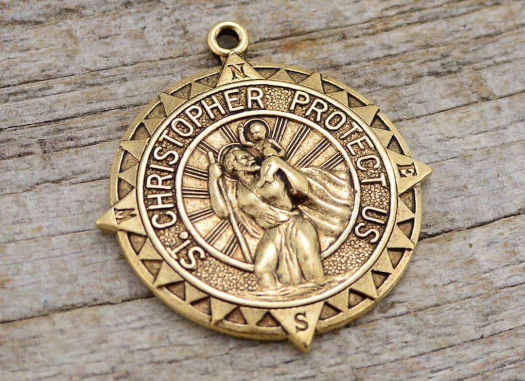 St. Christopher, Catholic Medal, Antique Gold Pendant, Medallion ...