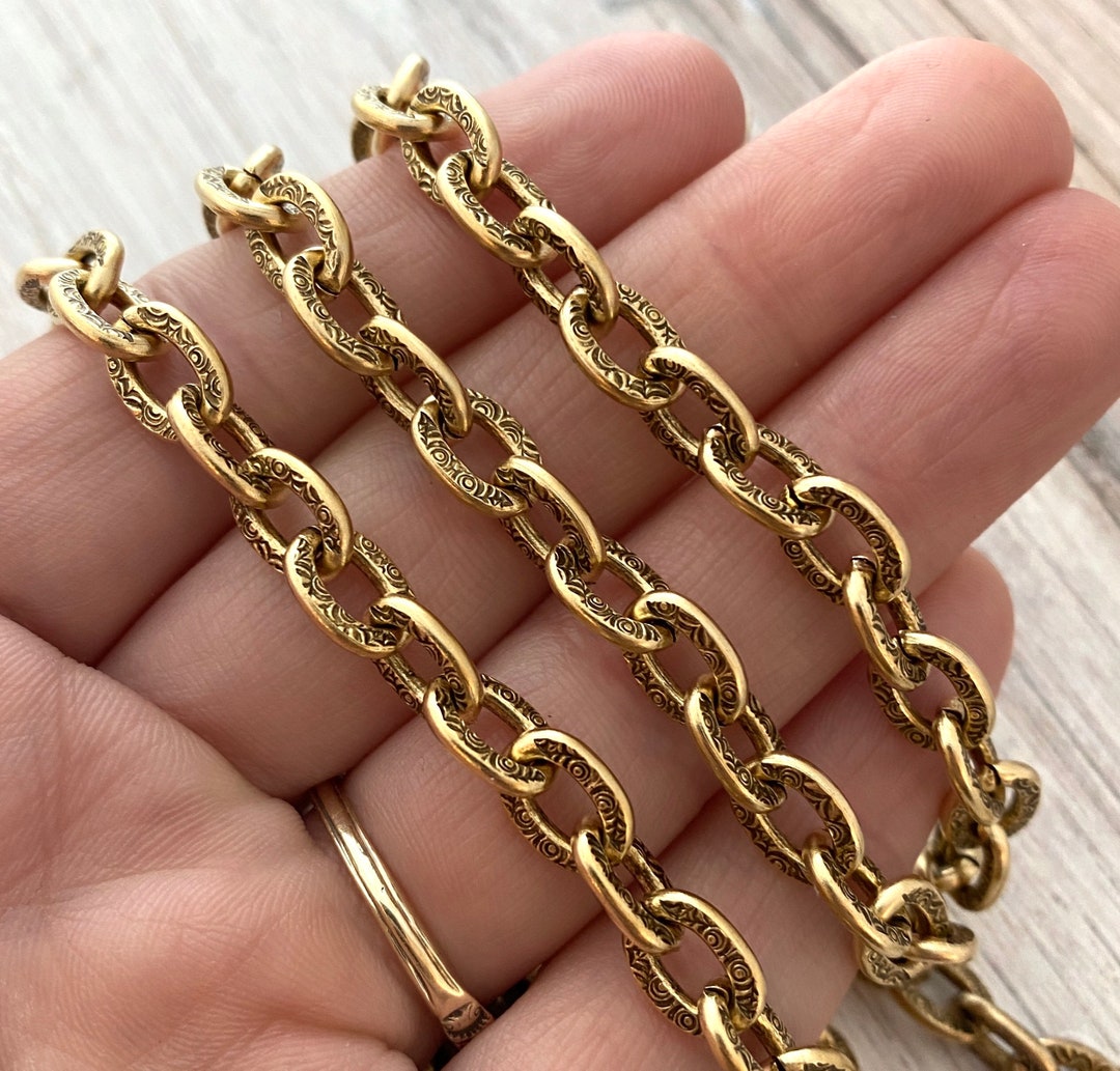 Large Gold Chain With Design, Thick Antiqued Gold Chain, Chain by the ...