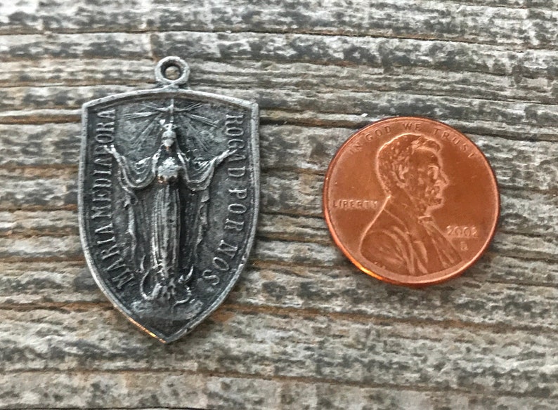 Virgin Mary Medal, Cross Pendant, Crucifix Shield, Antiqued Oxidized ...