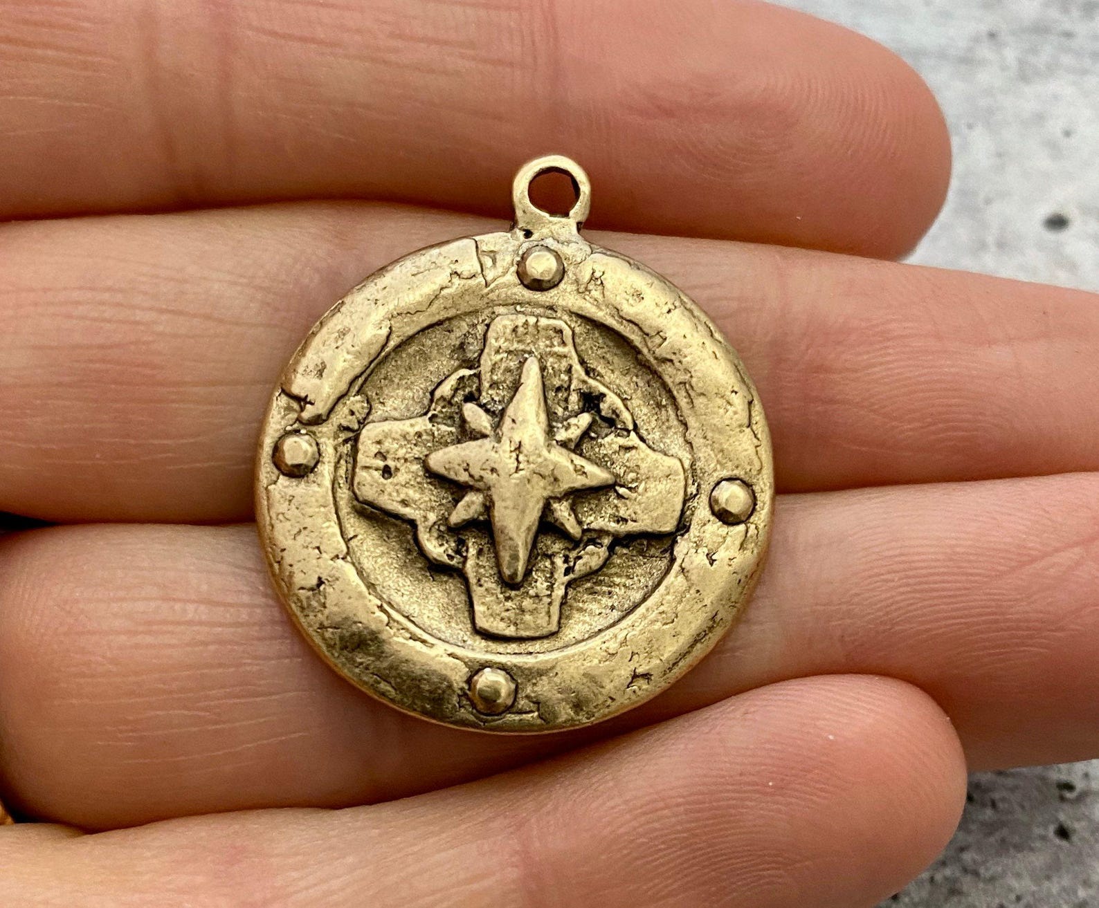 Compass Rose Cross Pendant, Antiqued Gold Pendant, Old World, Jewelry ...