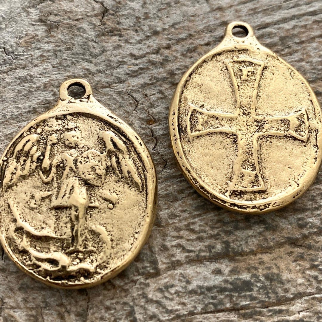 Archangel St. Michael, Catholic Medal, Antiqued Gold Cross Pendant ...