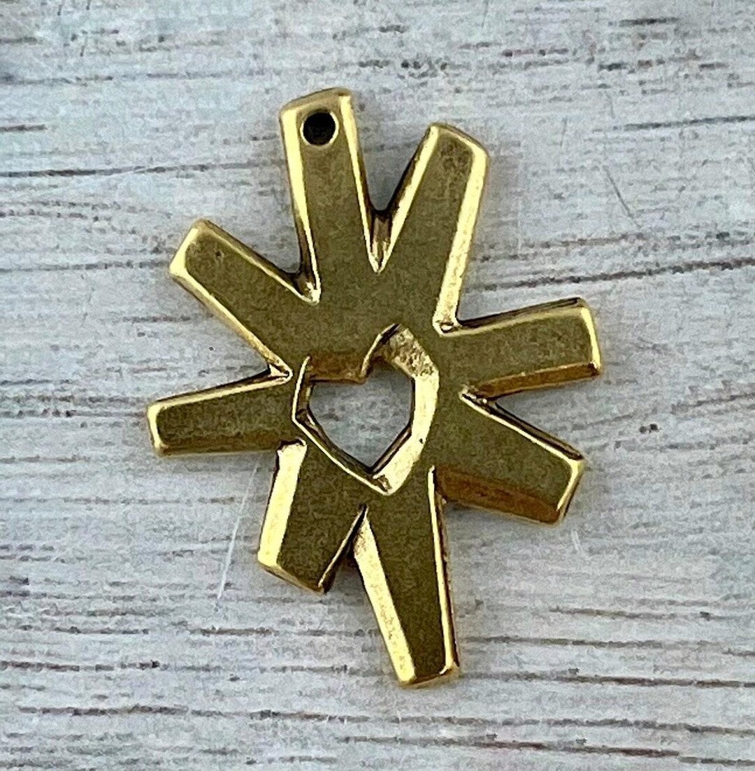 Starburst Radiant Heart Charm, Antiqued Gold Pendant, Artisan Jewelry ...