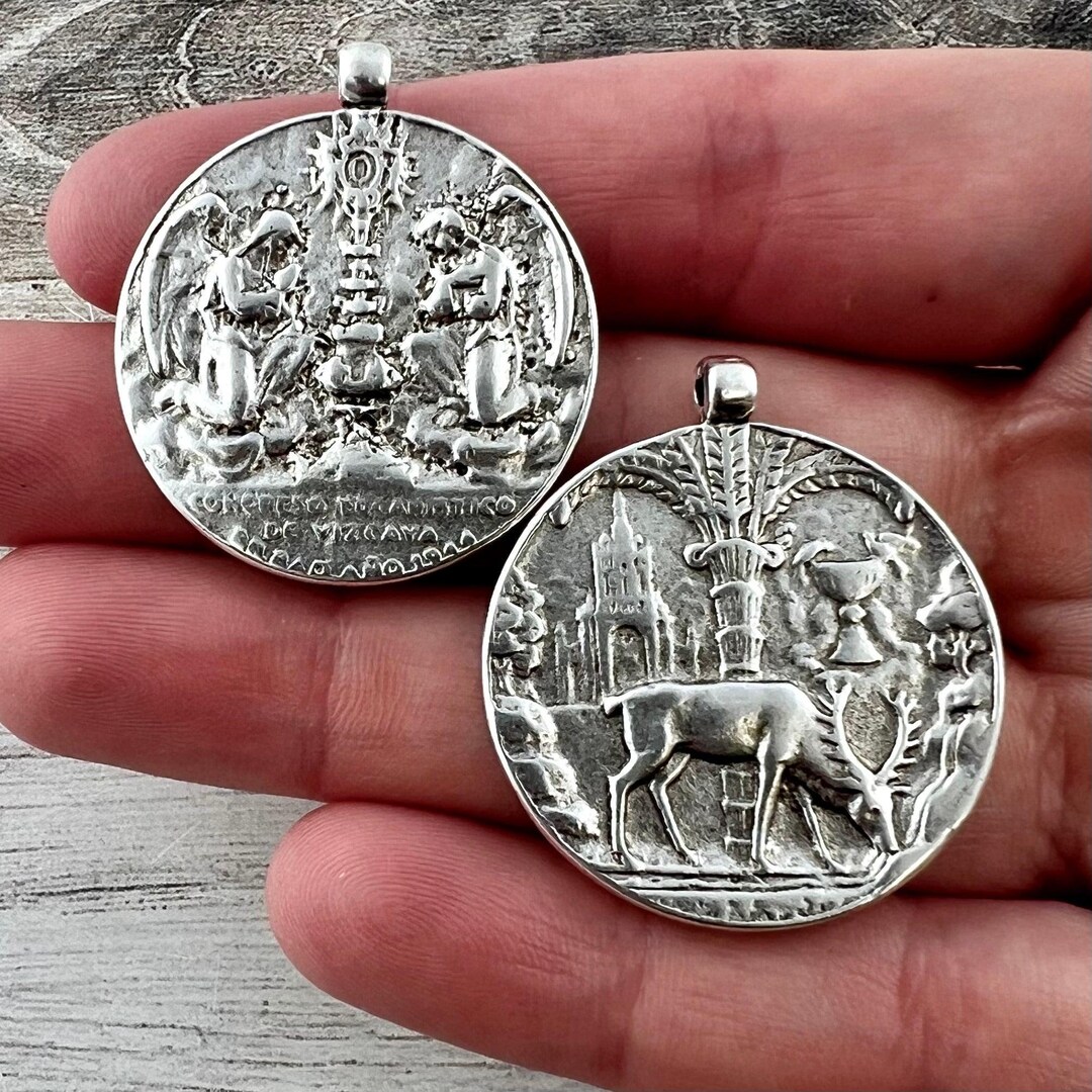 Eucharistic Medal With Deer Stag, Silver Religious Medal, Jewelry Charm ...