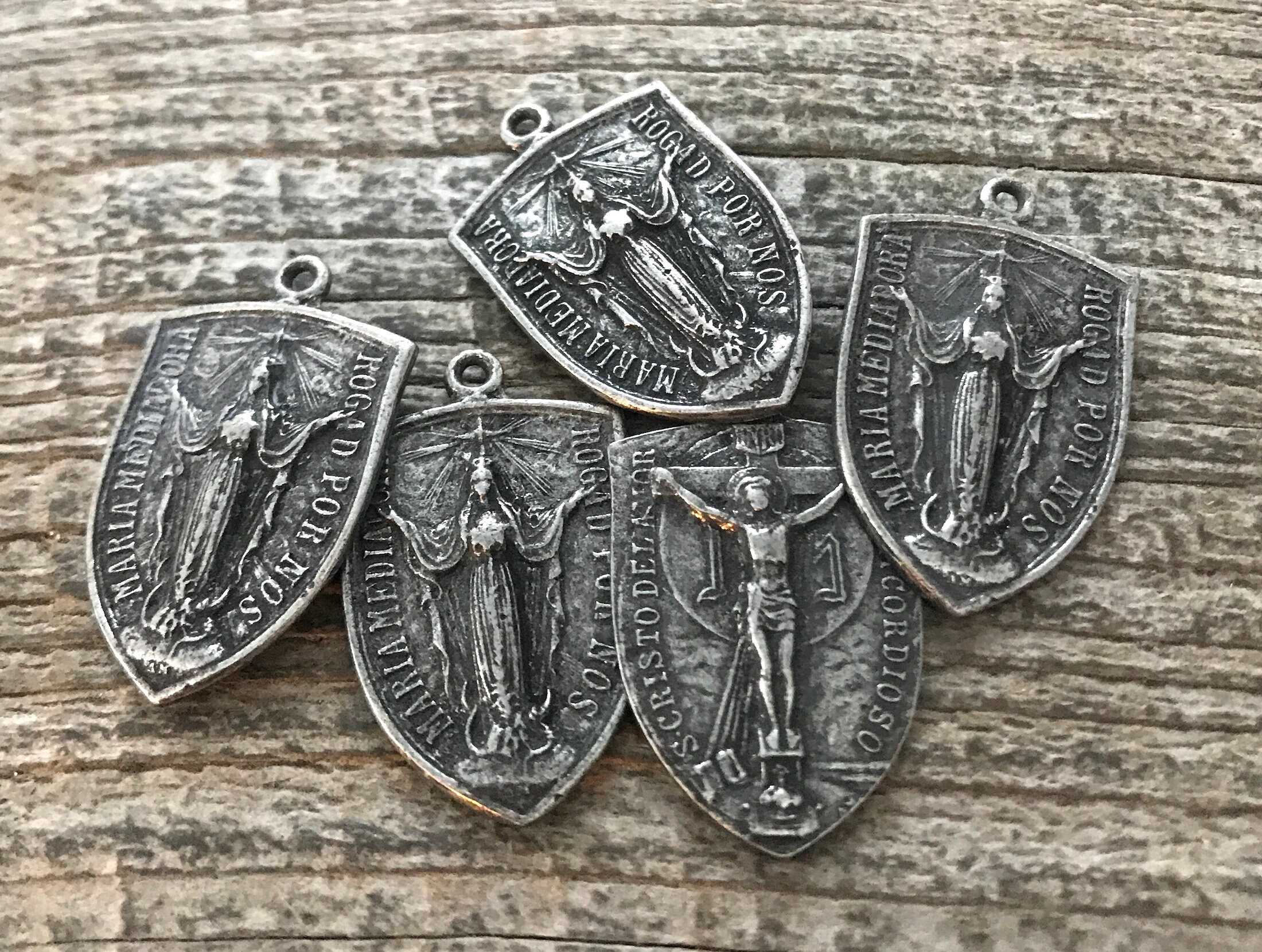 Virgin Mary Medal, Cross Pendant, Crucifix Shield, Antiqued Oxidized ...