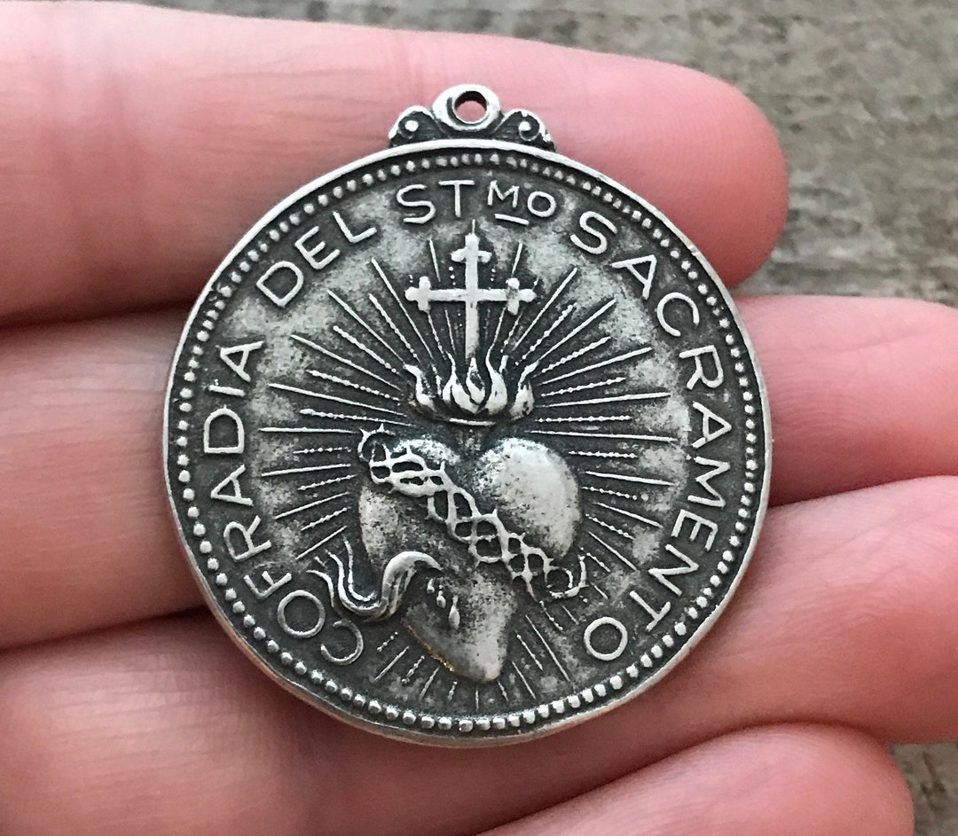 Sacred Heart Pendant, St. Augustine Medal, Antiqued Silver Pendant ...