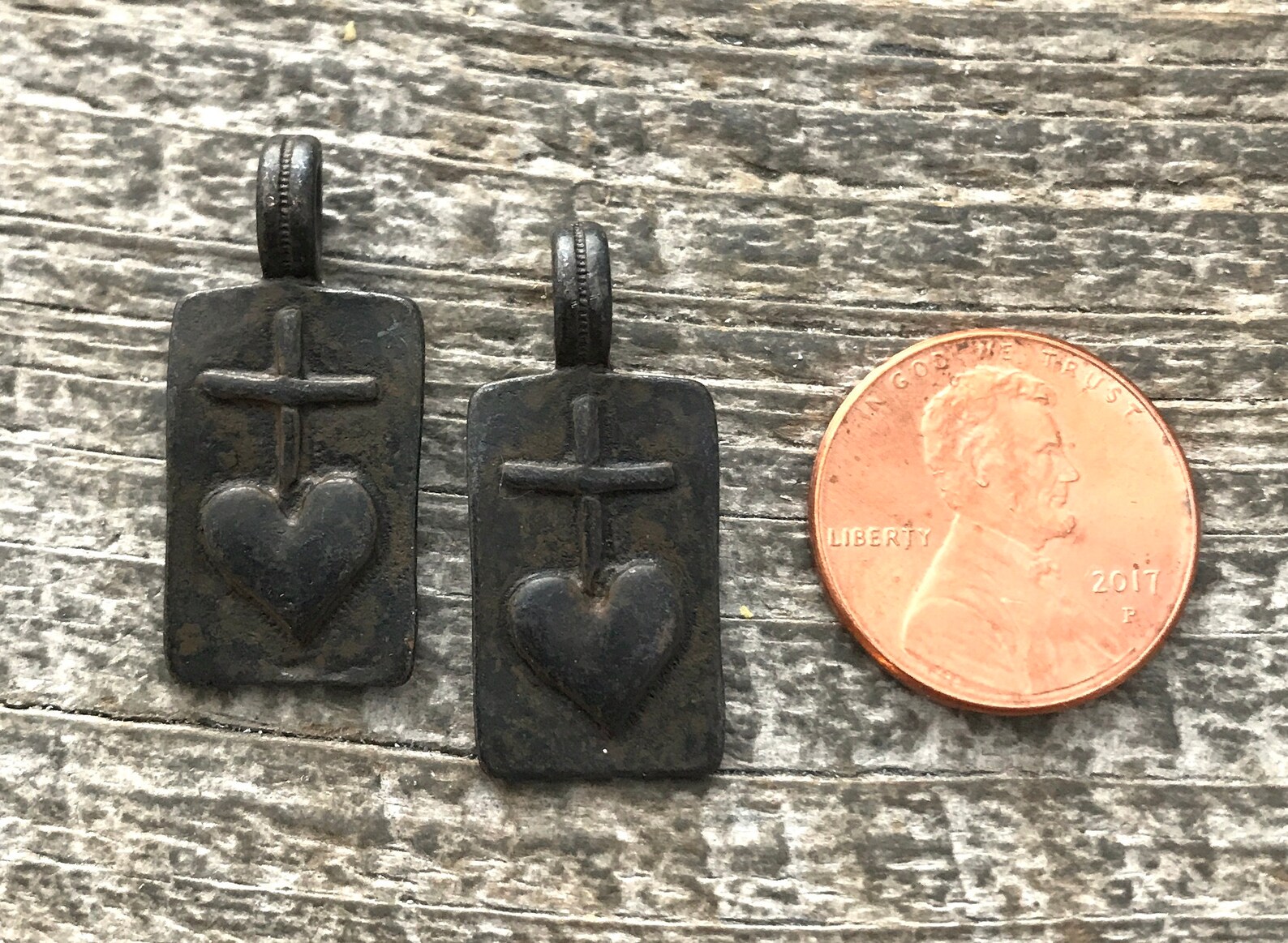 2 Heart Cross Rectangle Charm Antiqued Rustic Brown Heart - Etsy