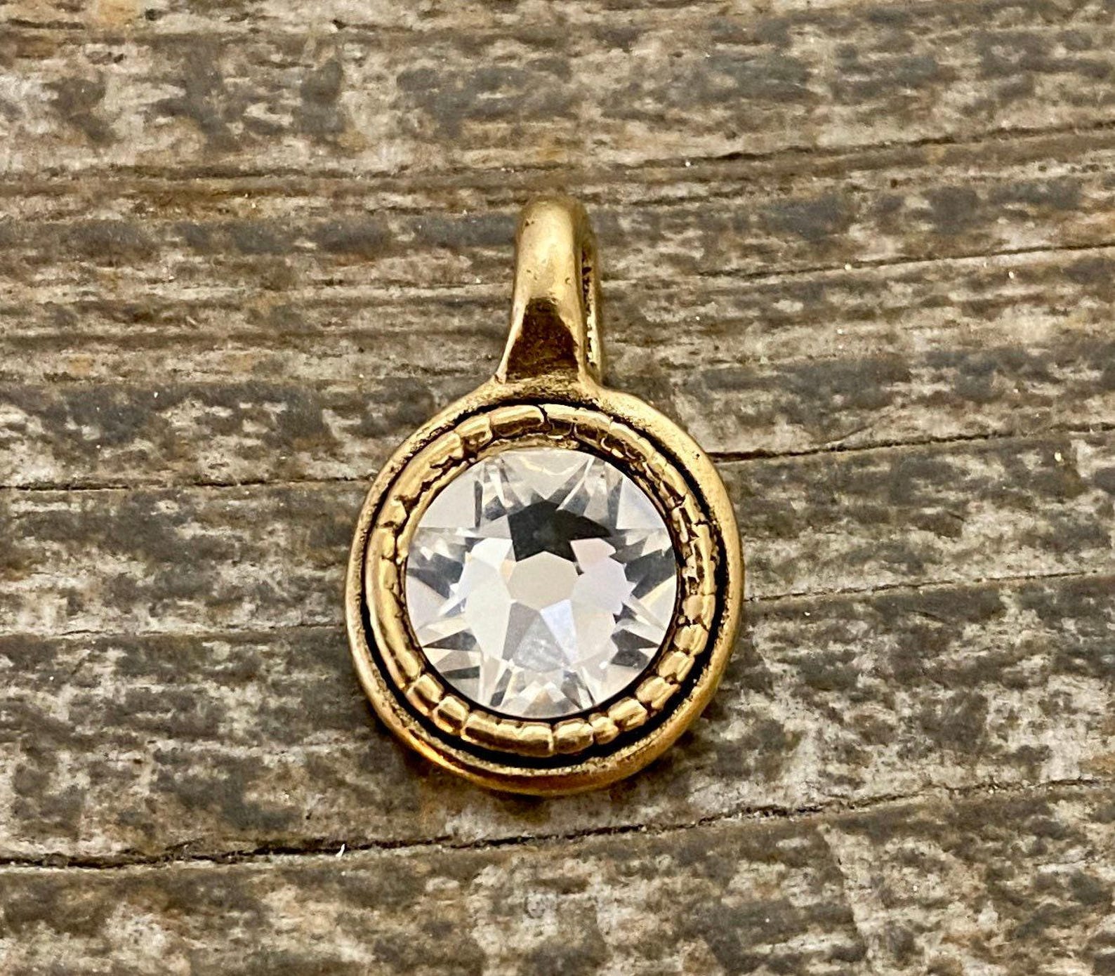 Large Swarovski Crystal Clear Charm, Antiqued Gold Pendant, Jewelry ...