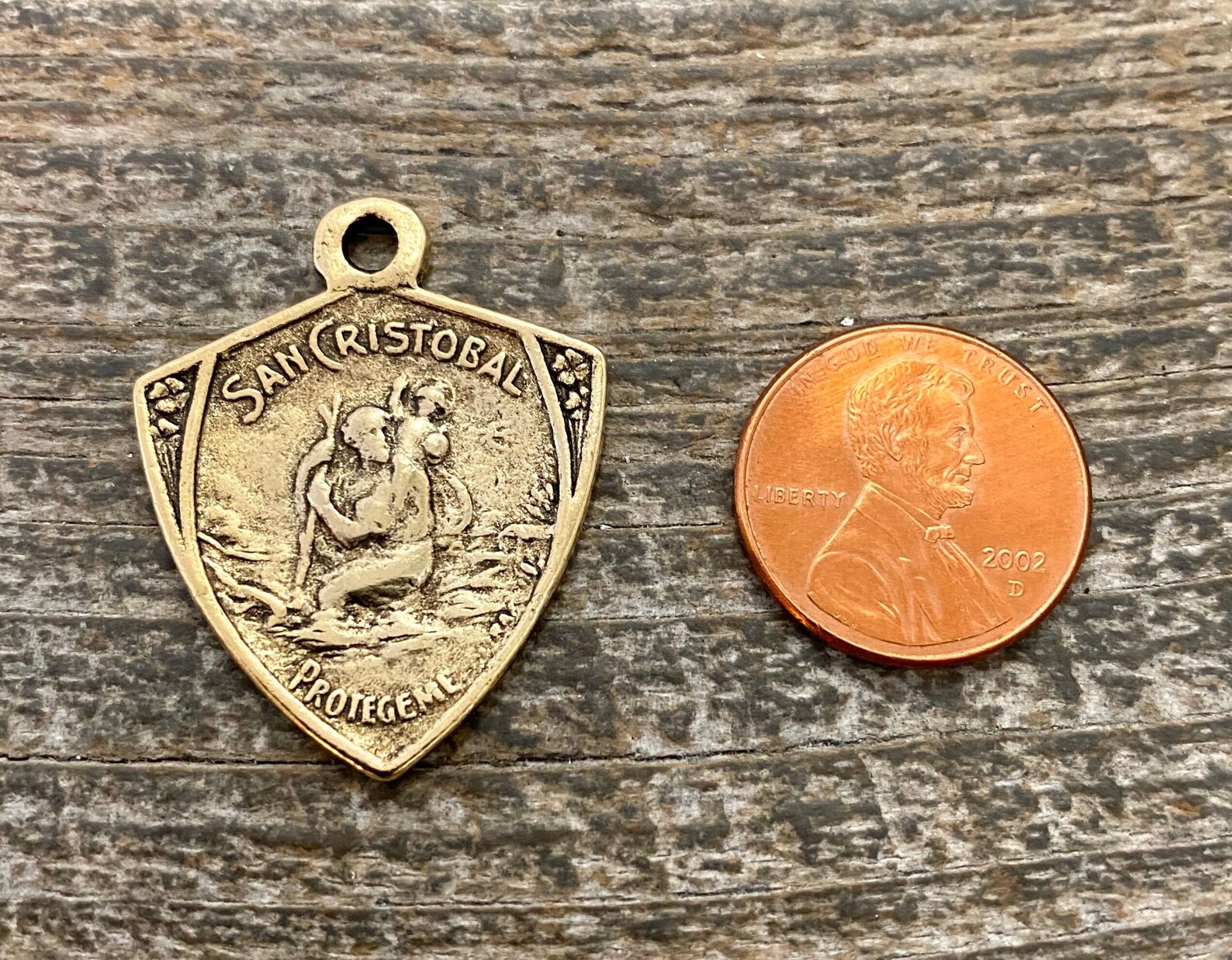 St. Christopher, Catholic Medal, Antiqued Gold Pendant, Triangle ...